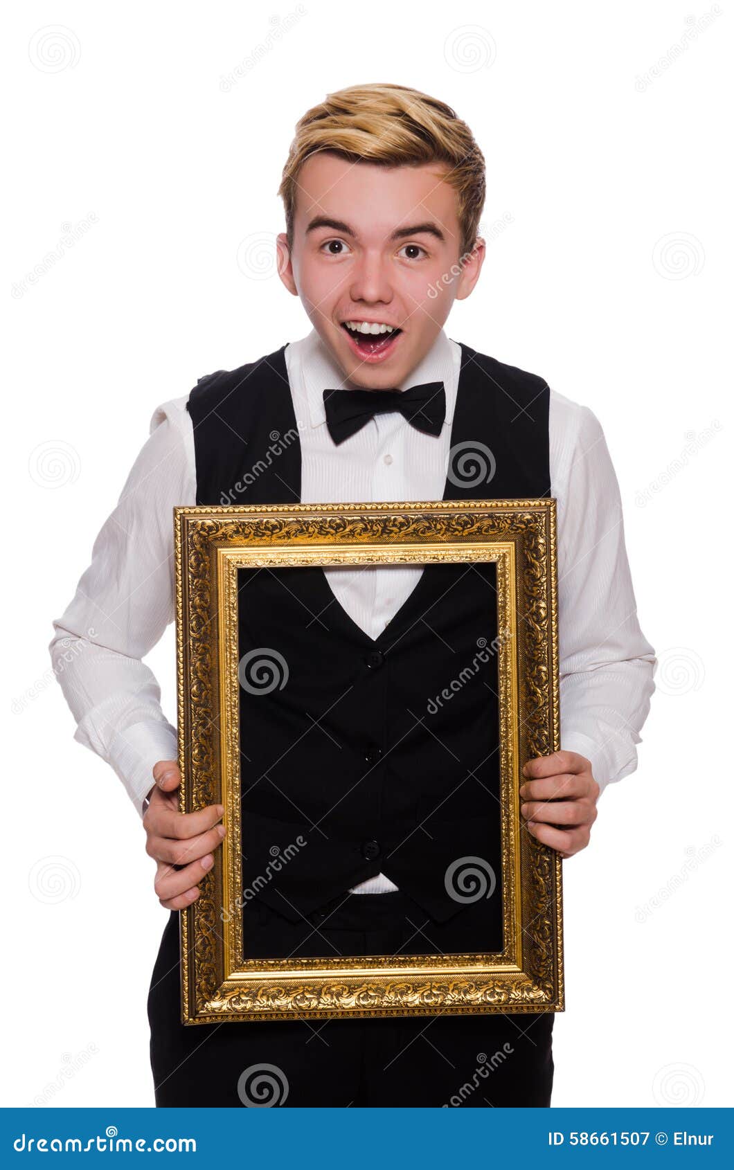 Young Man Holding Frame Isolated on White Stock Image - Image of retro ...