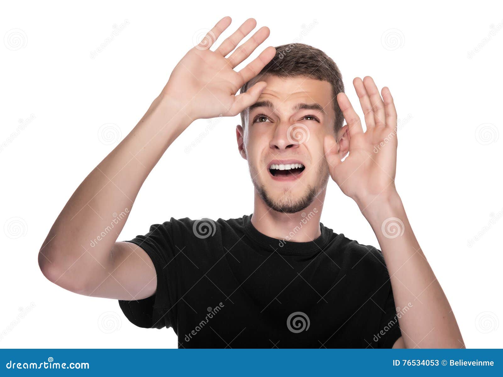 Young Man Holding His Hands Out in Fear. Stock Image - Image of model ...