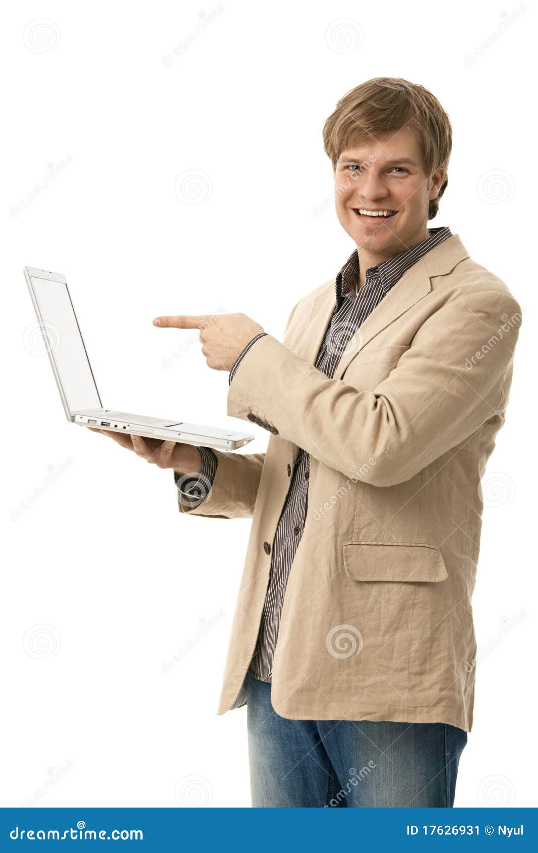 Young Man Holding Laptop with Blank Screen Stock Image - Image of face ...