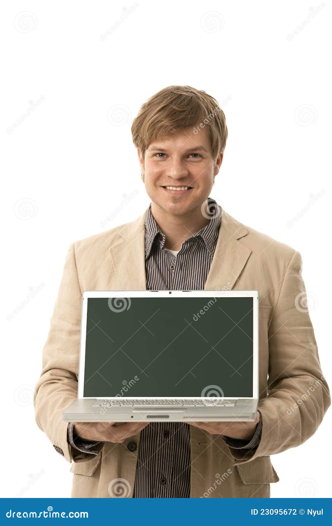 Young Man Holding Laptop with Blank Screen Stock Photo - Image of ...
