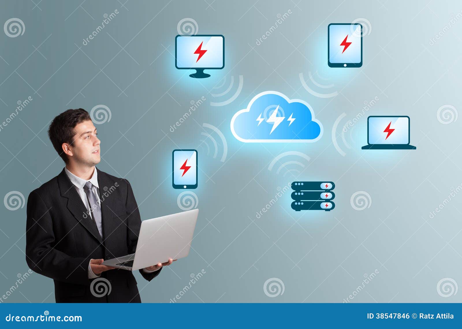Young Man Holding a Laptop and Presenting Cloud Computing Network Stock ...