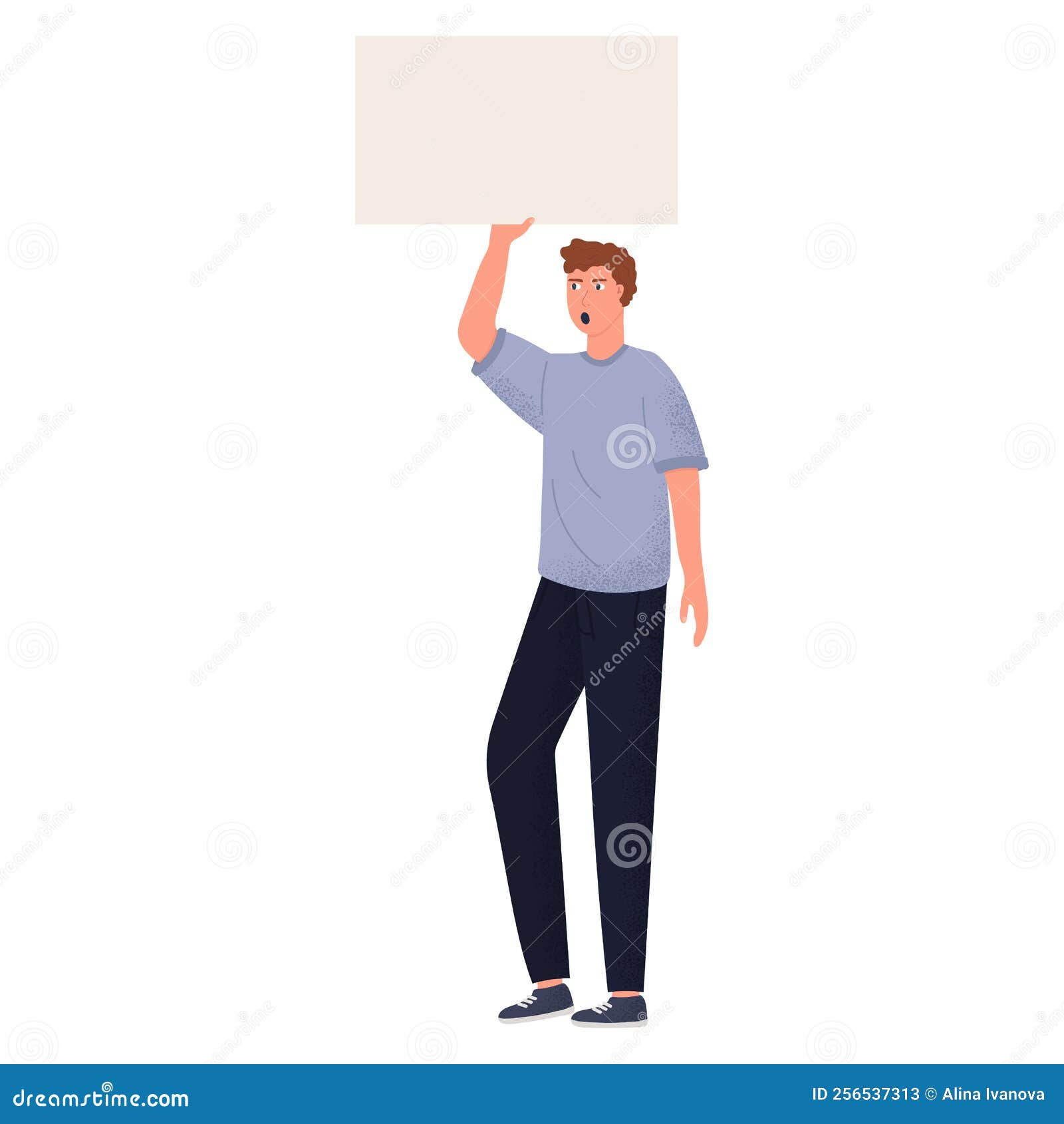Young Man Holding Sign. Vector Flat Illustration with Protesting Man ...