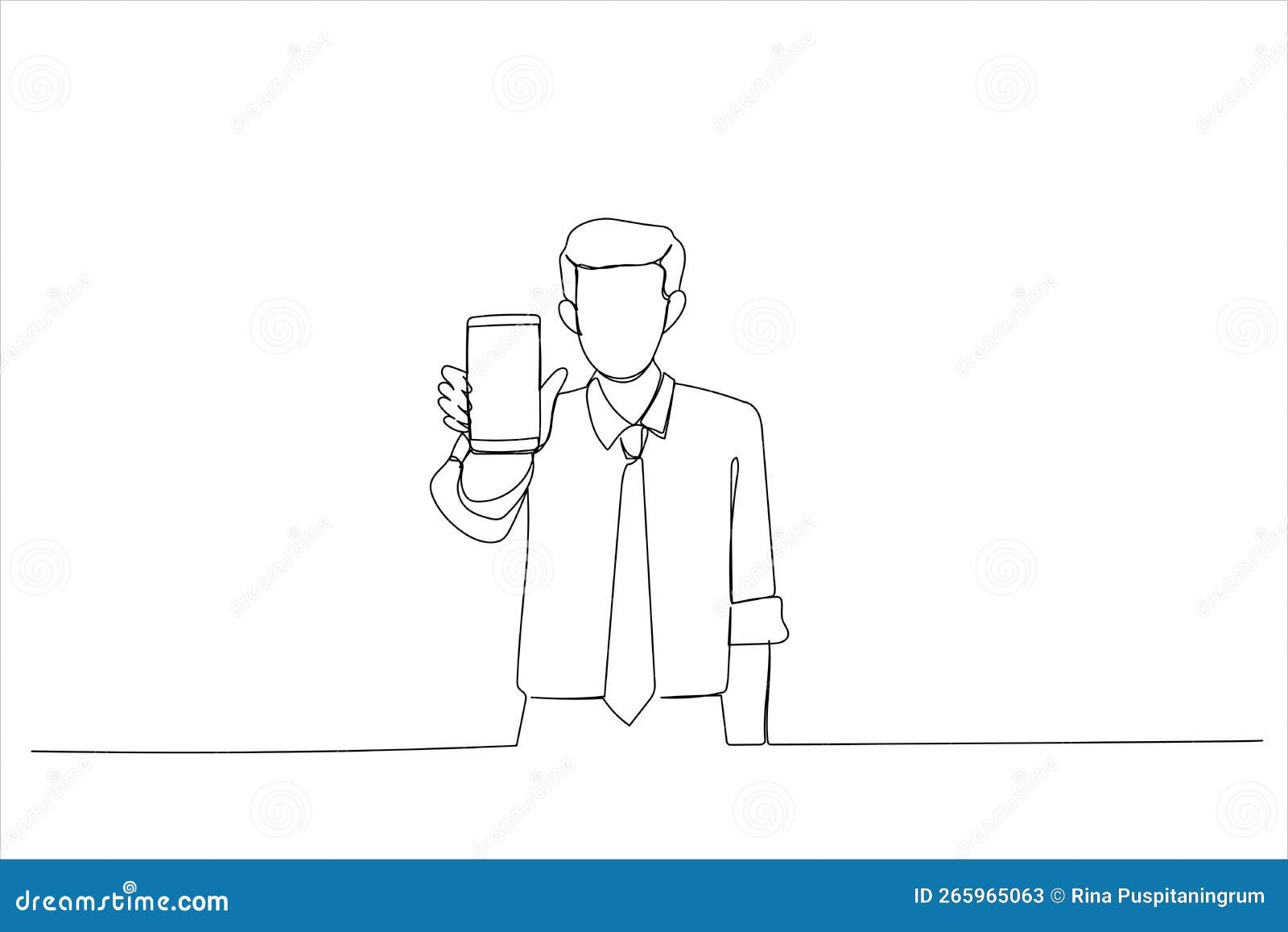 Young Man Holding Smartphone Showing Gadget To Camera One Line Art