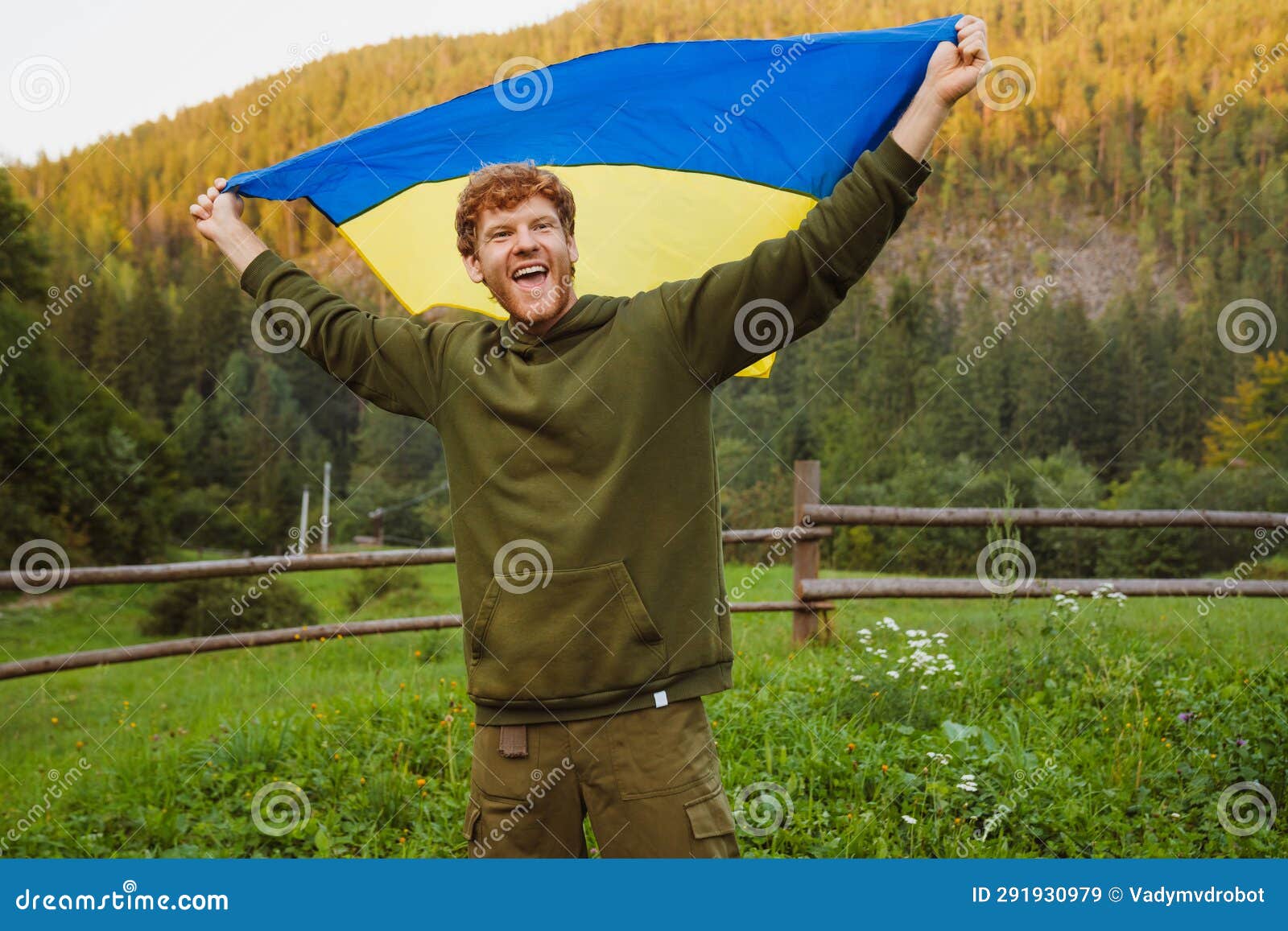 Young Man Holding Ukrainian Flag Walking in Forest during Vacation ...