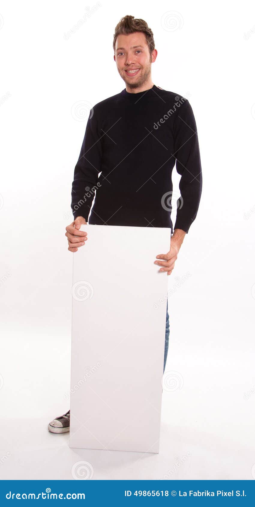 Young Man Holding Vertical Signboard Stock Photo - Image of blond ...