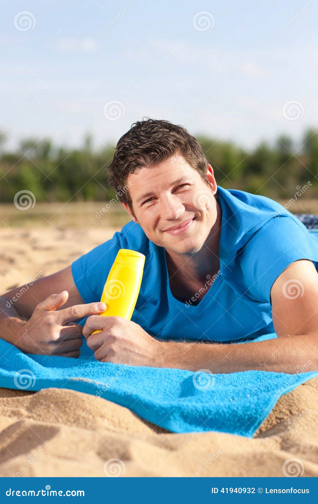 Young Man on Holidays with Sun Cream Stock Photo - Image of lotion ...