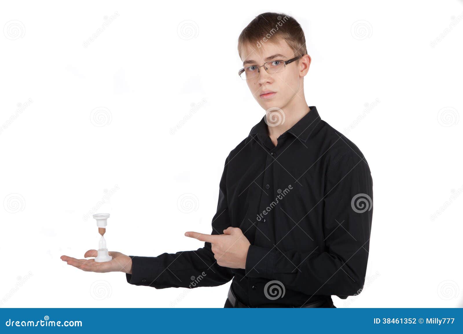Young Man with Hourglass on White Background Stock Photo - Image of ...