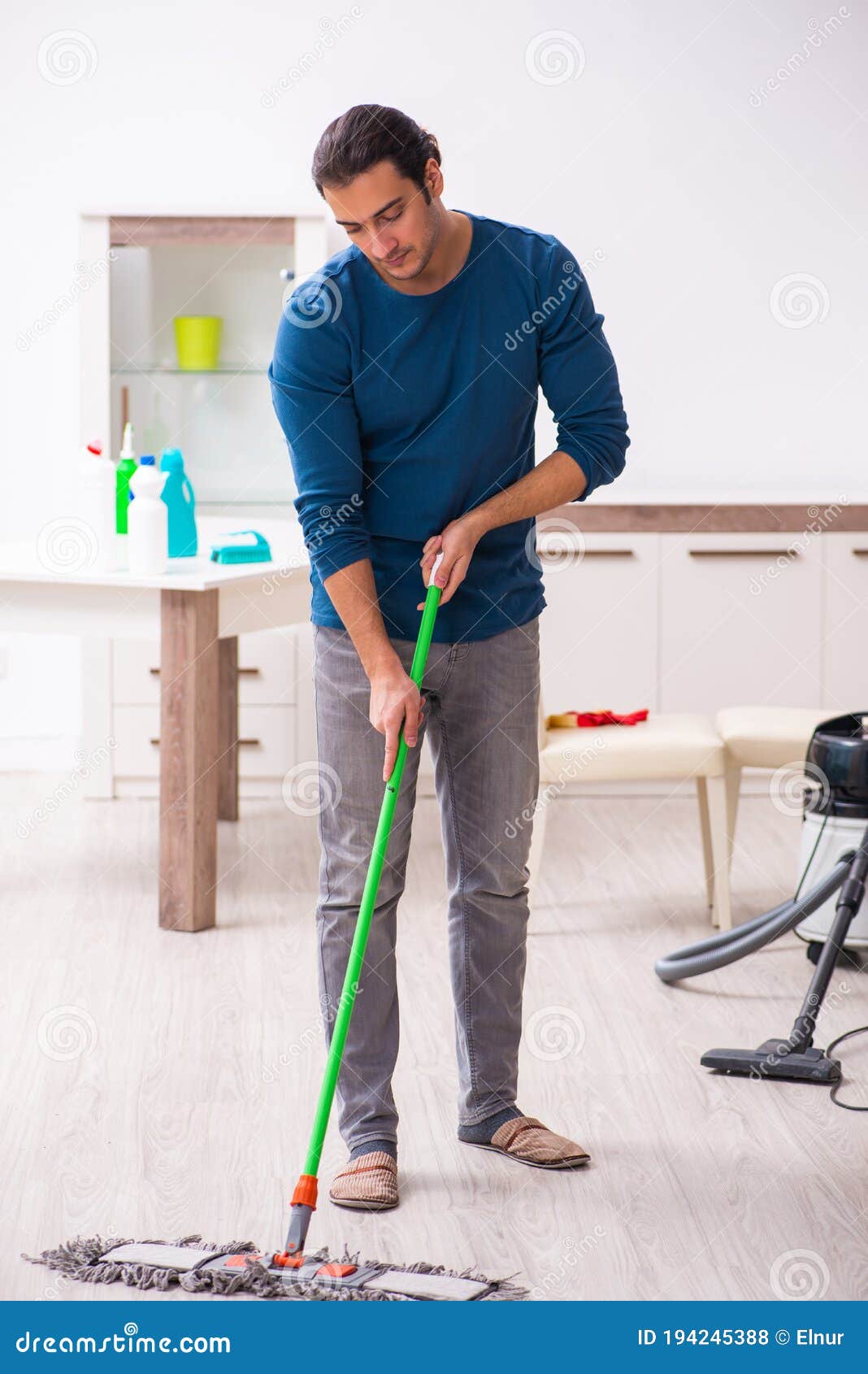 Young Man Husband Doing Housework at Home Stock Photo - Image of floor ...