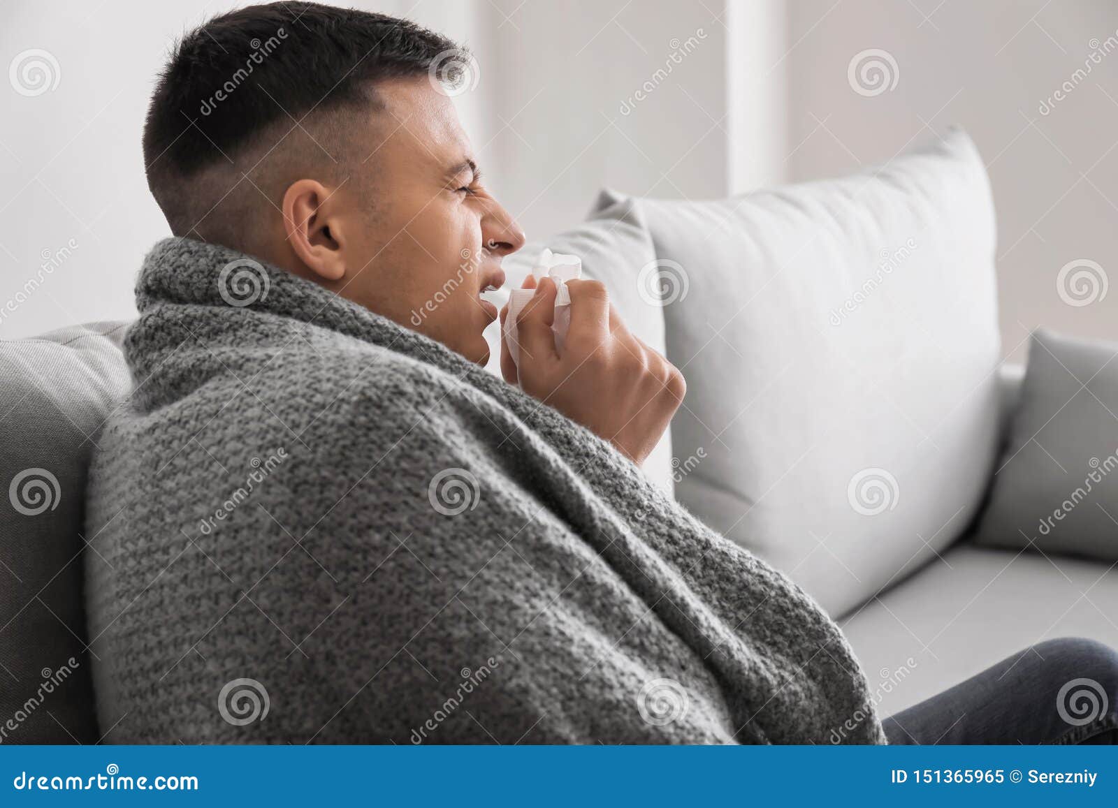 Young Man Ill with Flu at Home Stock Image - Image of plaid, allergy ...
