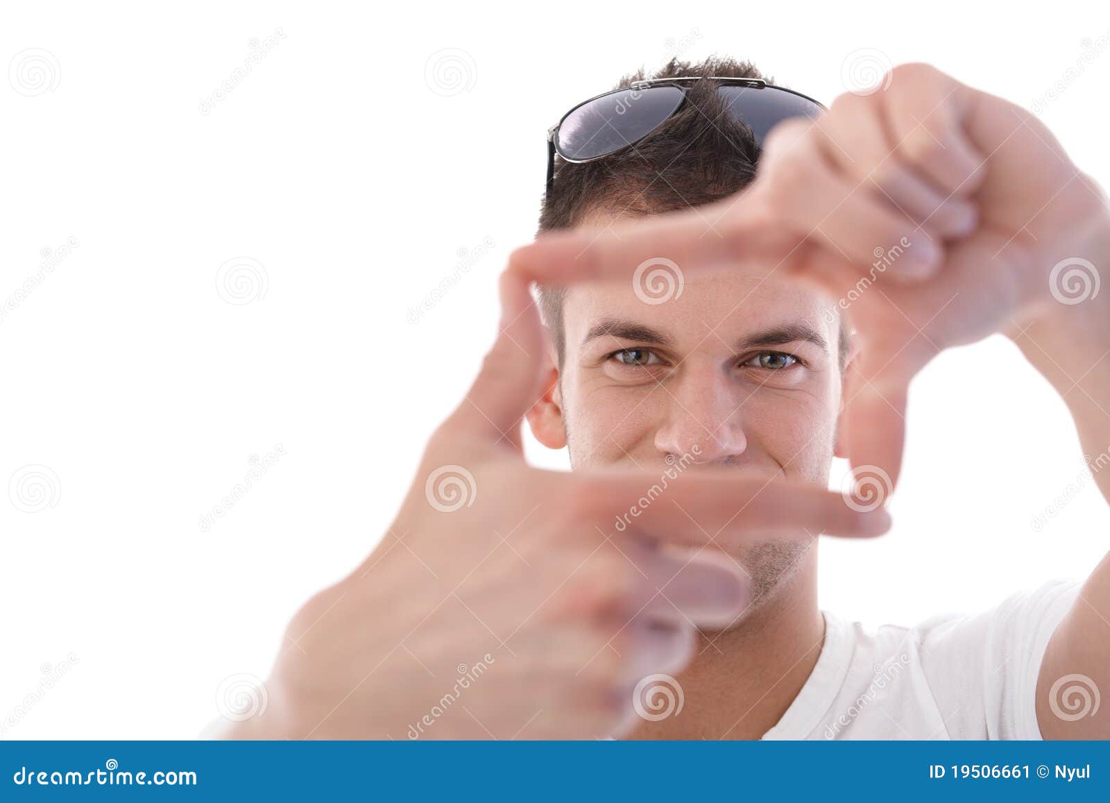 Young Man Imitating Photographing Smiling Stock Image - Image of casual ...