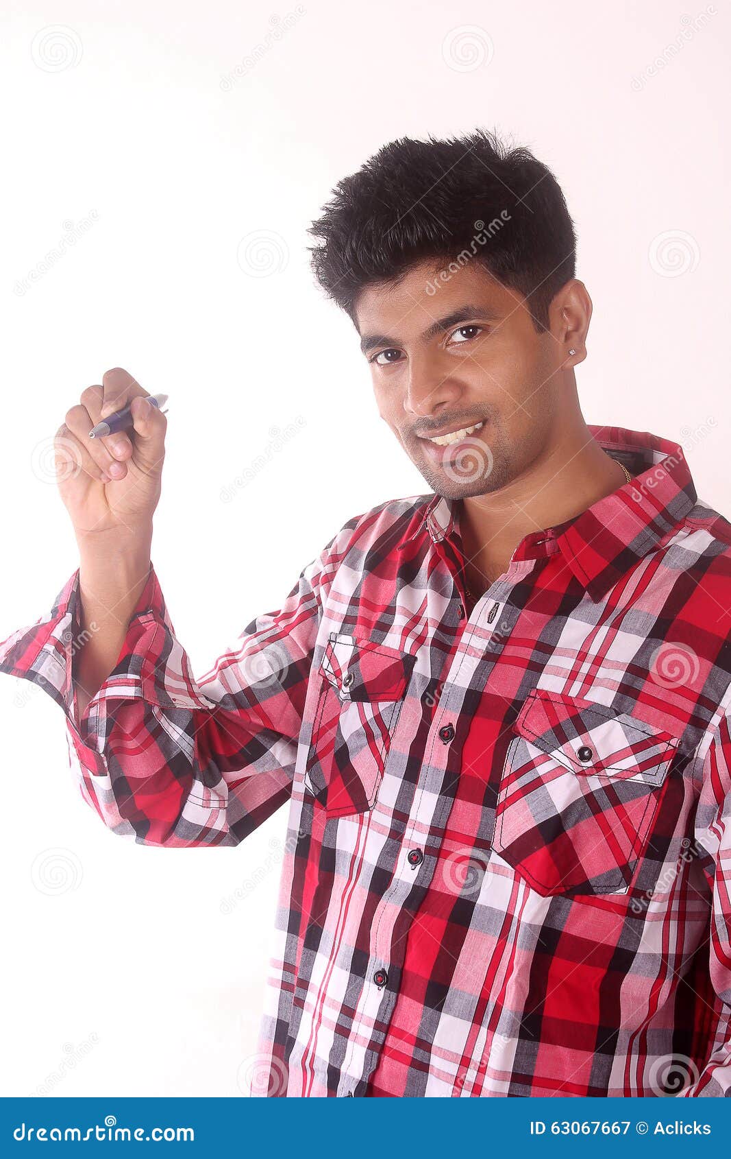 Young Man Indian Holding Pen & Writing - on White Background Stock ...