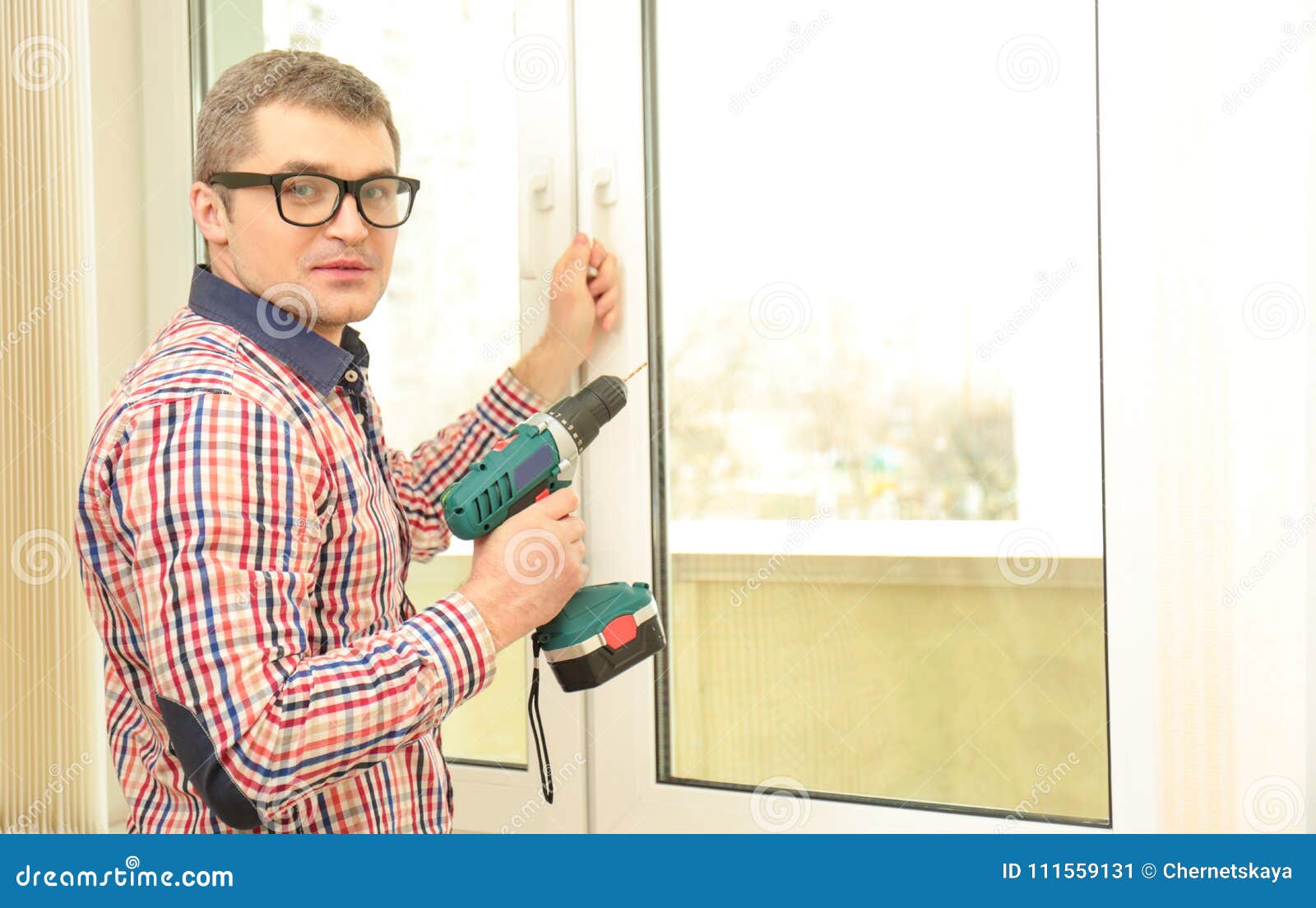 Young Man Installing Window Shades Stock Image - Image of home ...