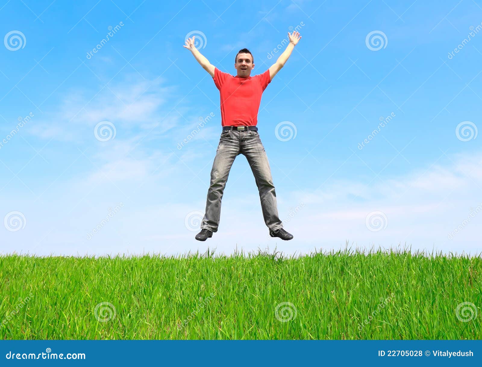 Young Man Jump on the Meadow Stock Photo - Image of beauty, recreation ...