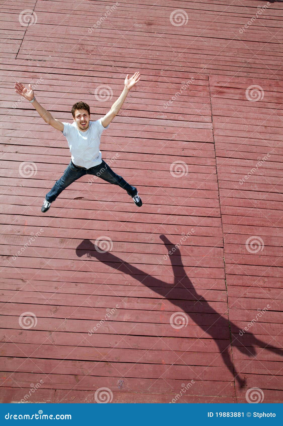 The Young Man Jumps with Joy Stock Image - Image of wooden ...