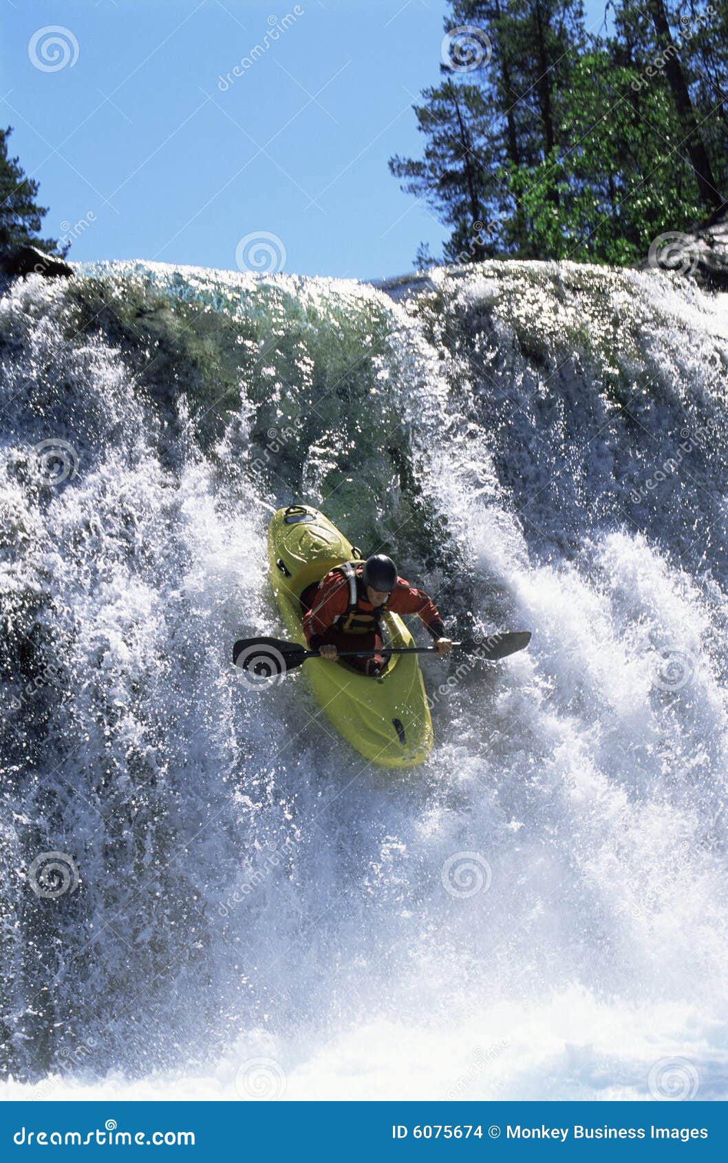 Young Man Kayaking Down Waterfall Stock Photo - Image of rapids, water ...