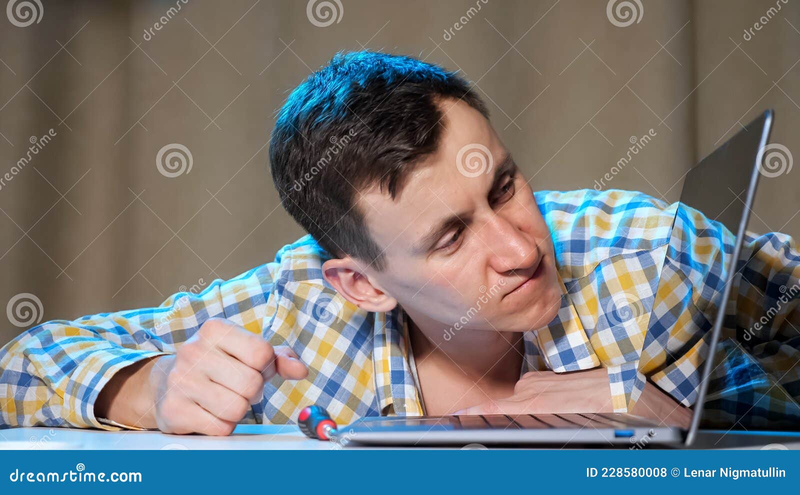 Young Man Knocking on Laptop and Getting Angry Stock Photo - Image of ...