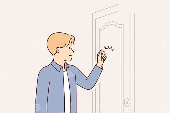 Young Man Knocks On Door When Comes To Visit Friend Or Company Office