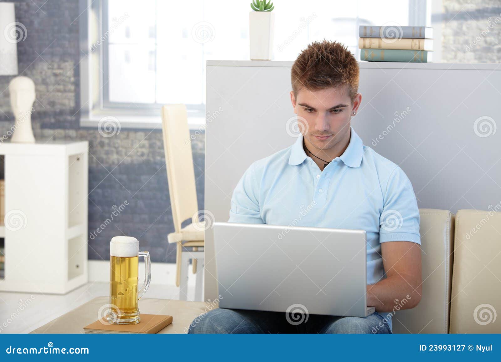Young Man with Laptop and Beer Stock Image - Image of computer ...