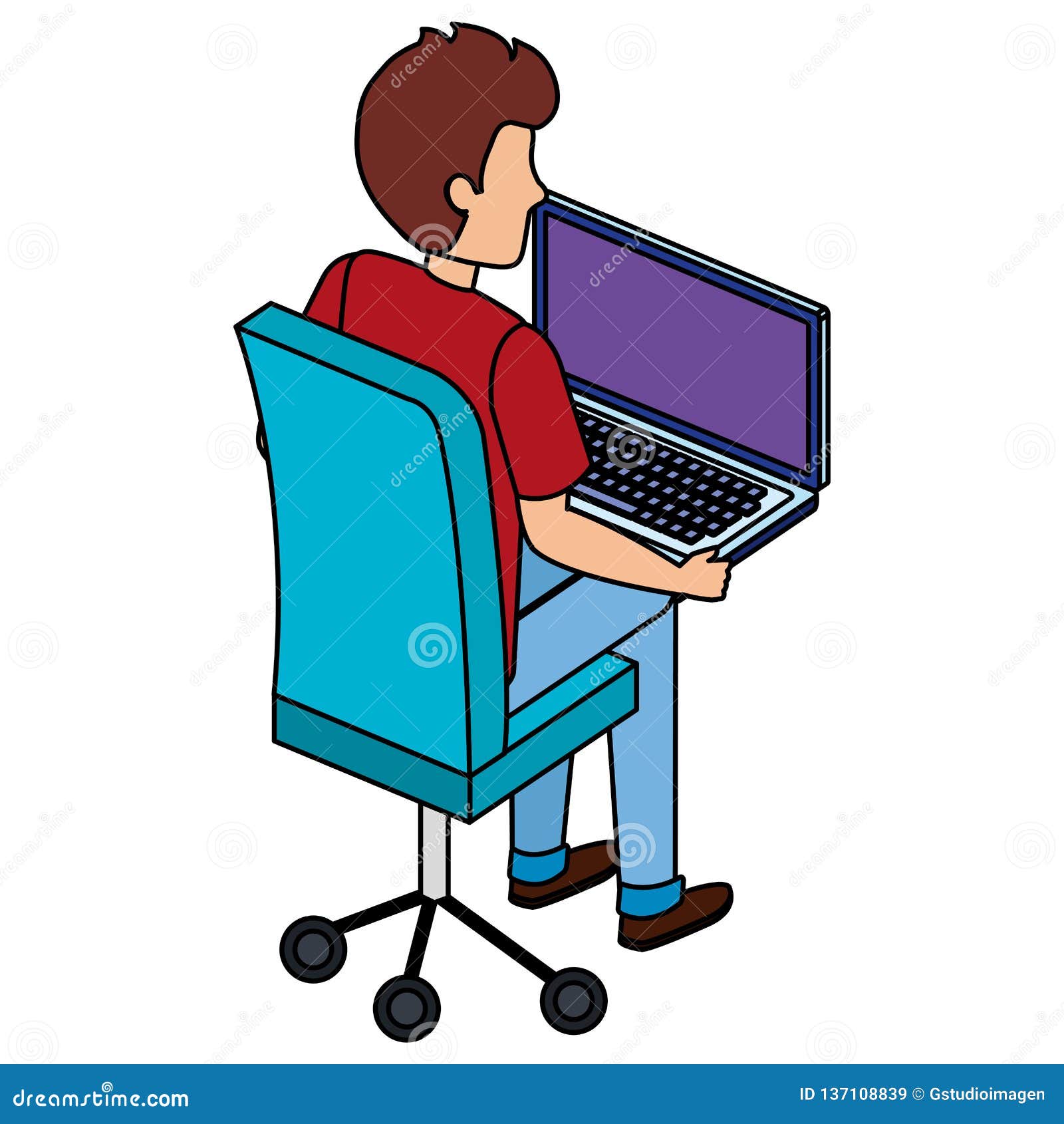 Young Man with Laptop in Office Chair Stock Vector - Illustration of ...
