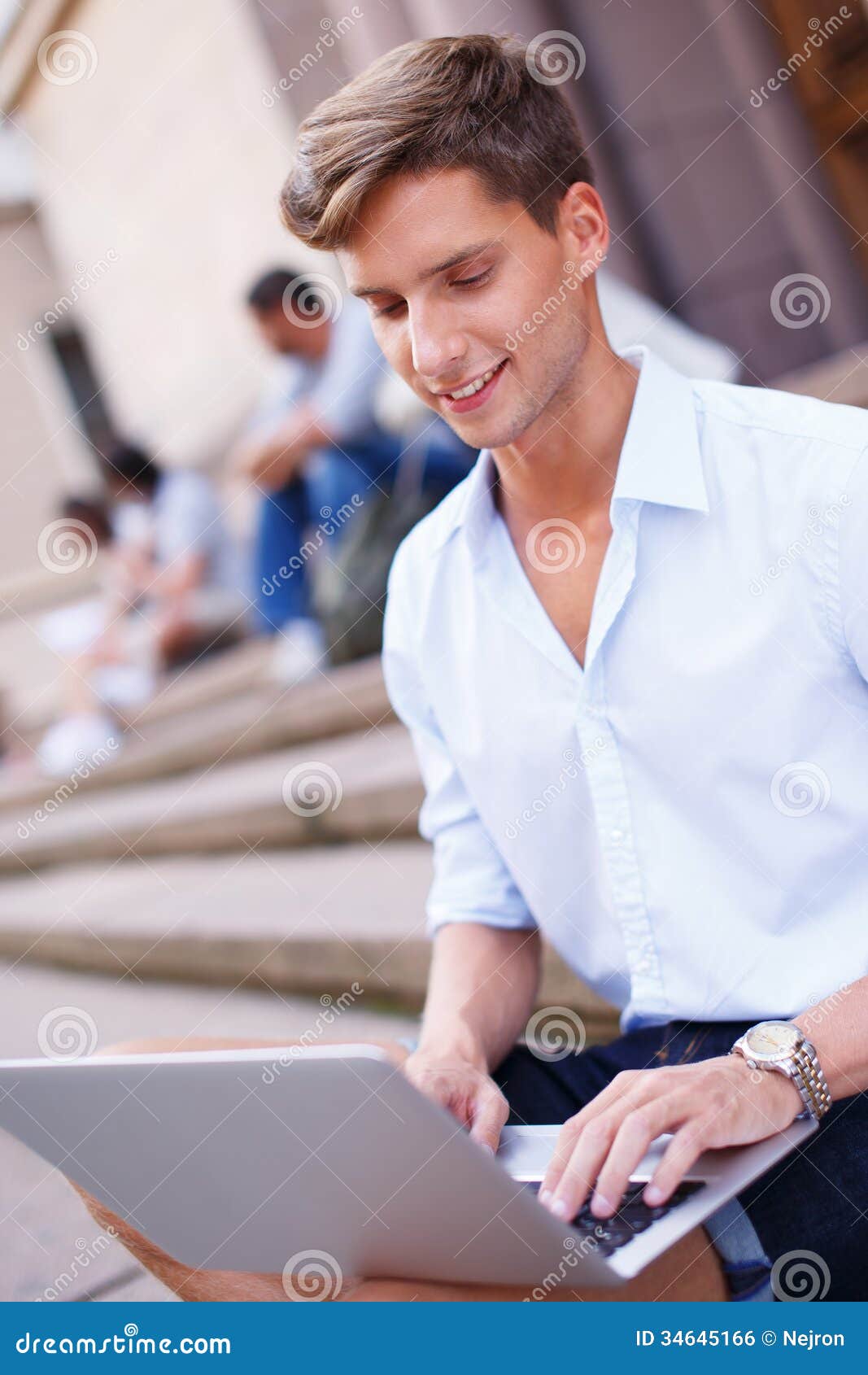 Young Man with Laptop Outdoors Stock Photo - Image of outdoors, mobile ...