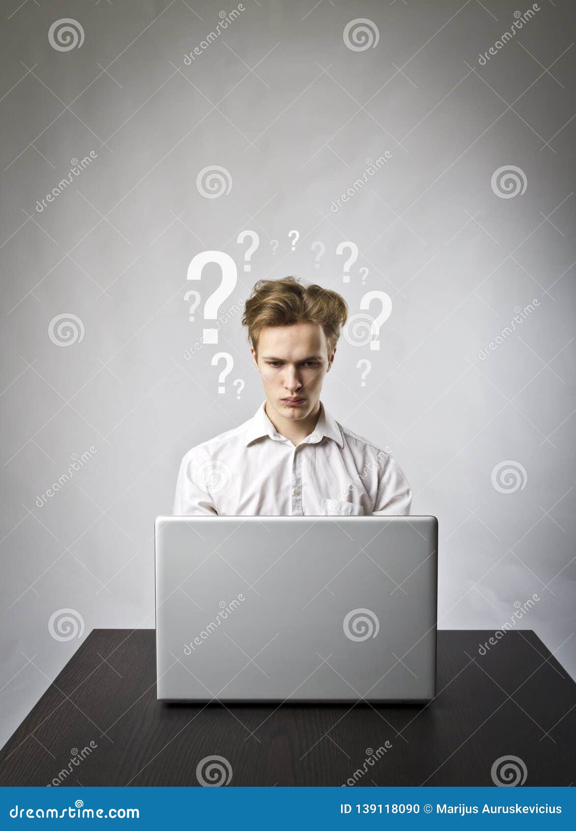 Young Man with Laptop. Question Concept Stock Photo - Image of mark ...