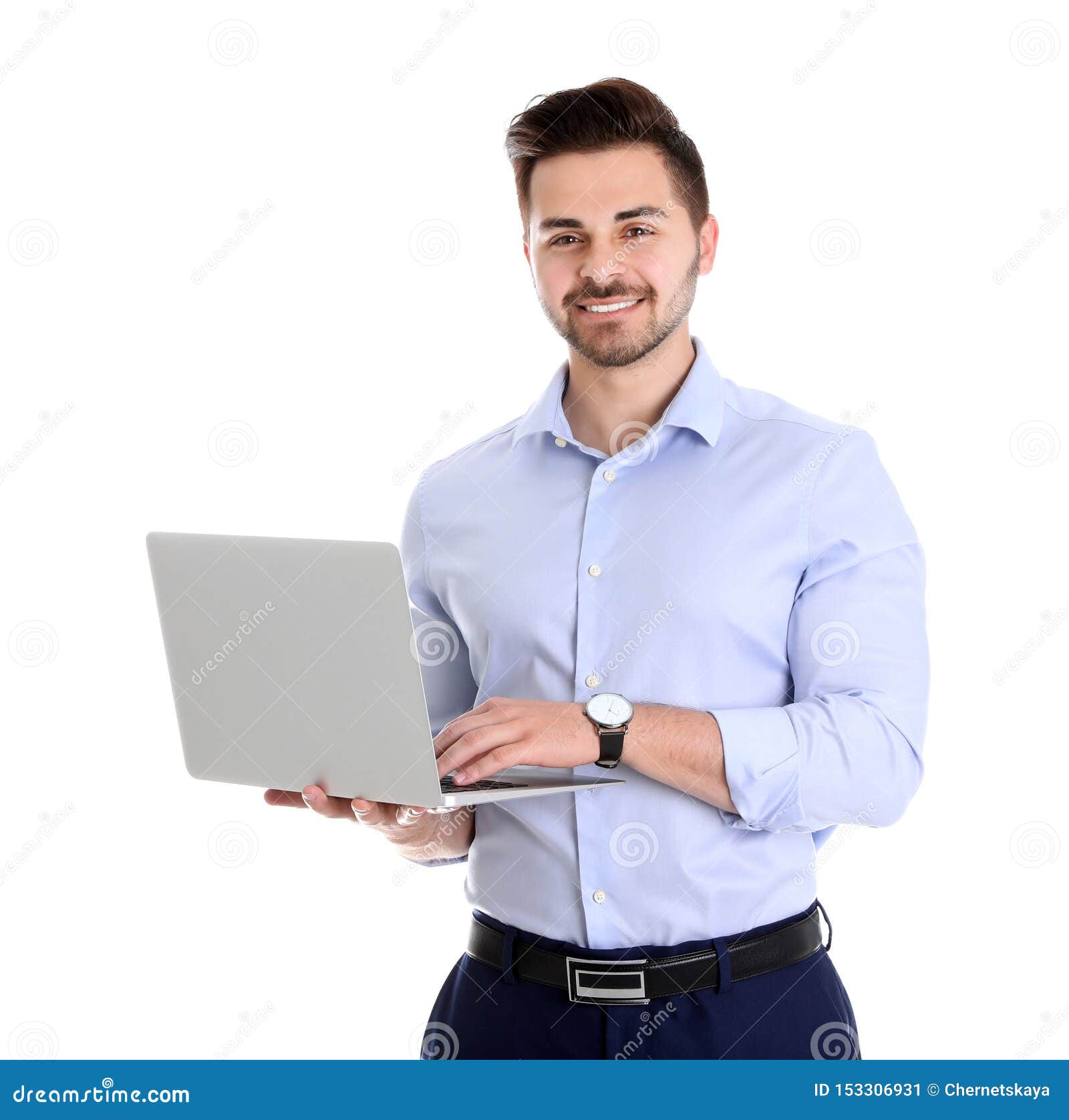 Young Man with Laptop on White Stock Image - Image of computer, online ...