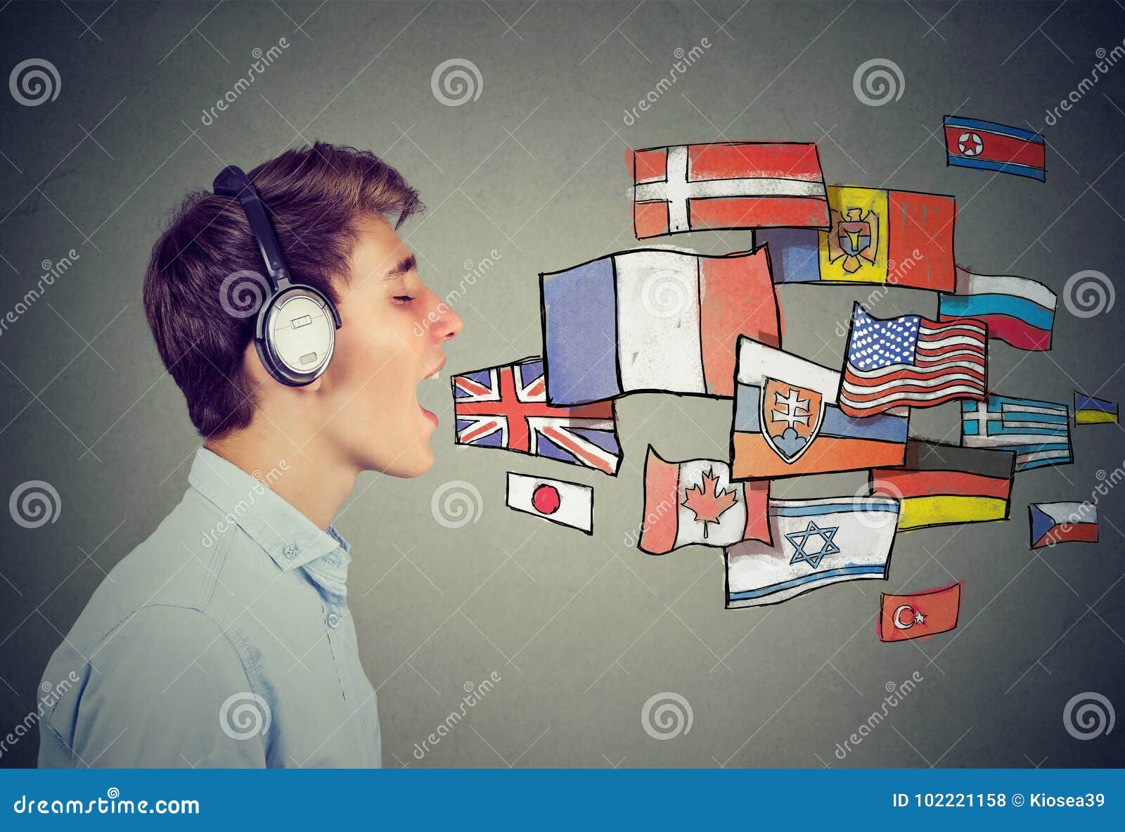 Young Man in Headphones Learning Different Languages Stock Photo ...