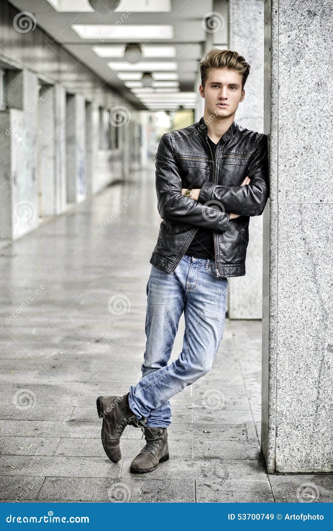 Young Man with Leather Jacket Standing Outside Stock Image - Image of ...
