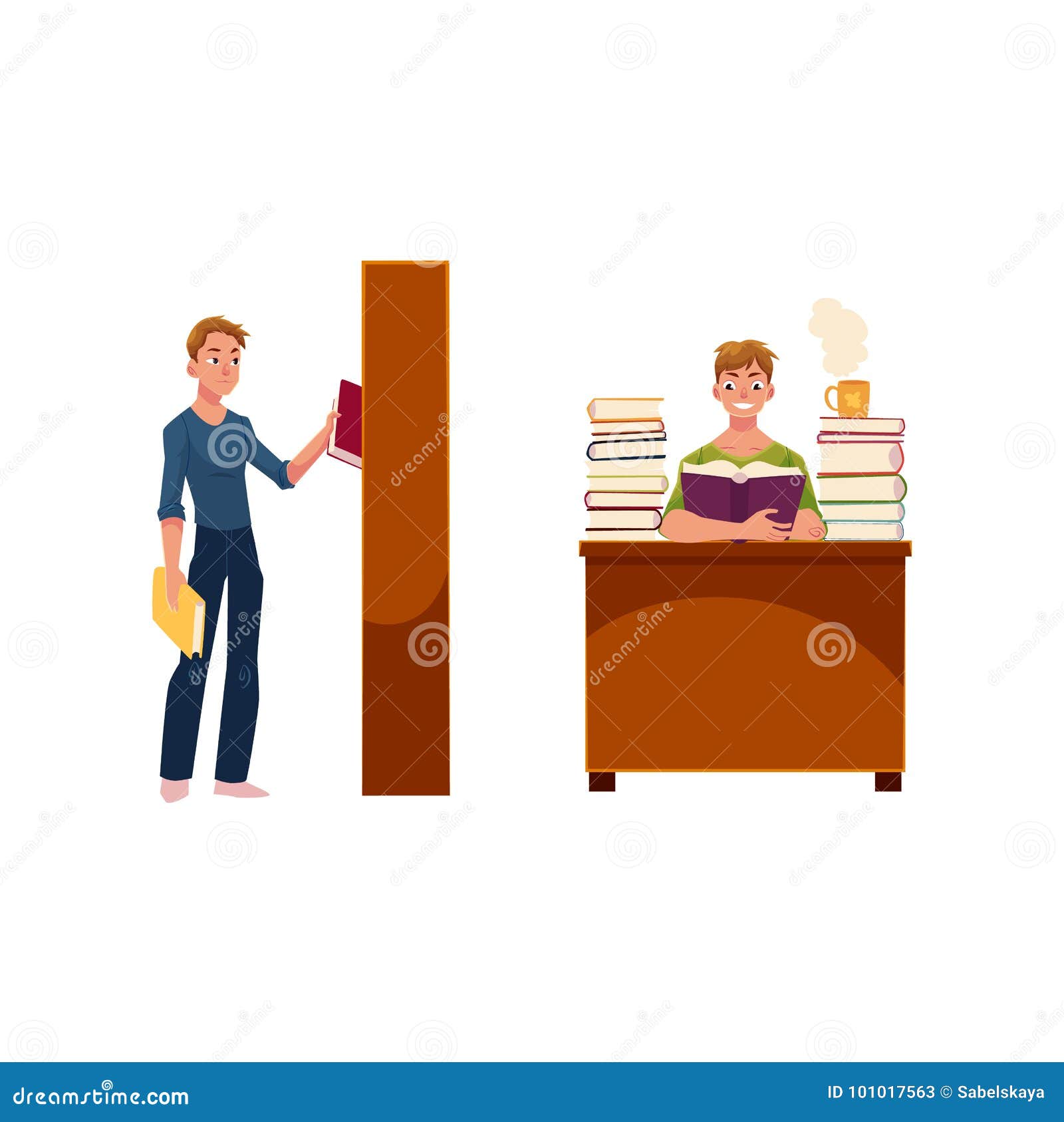 Young Man in Library, Reading and Picking a Book Stock Vector ...