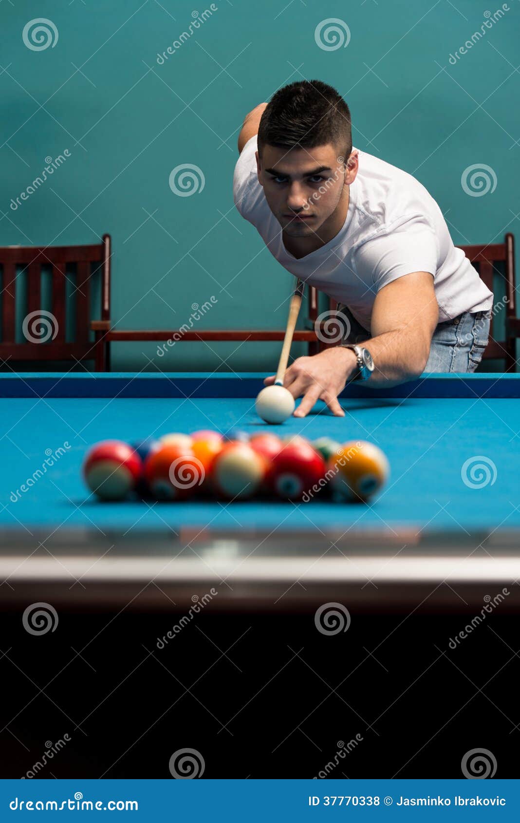 Young Man Lining To Hit Ball on Pool Table Stock Photo - Image of hand ...