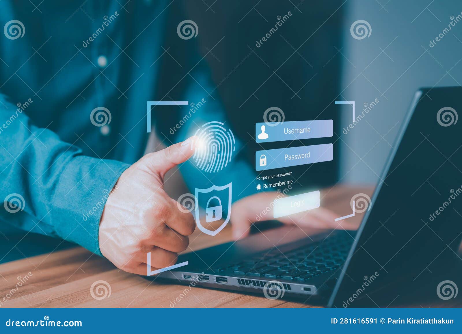 Young Man Log in with Fingerprint Scanning Technology in the Computer ...