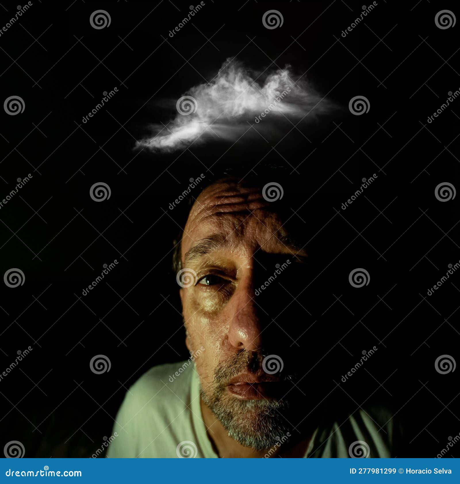 Young Man with a Look and Expression of Anguish with a Cloud Over His ...