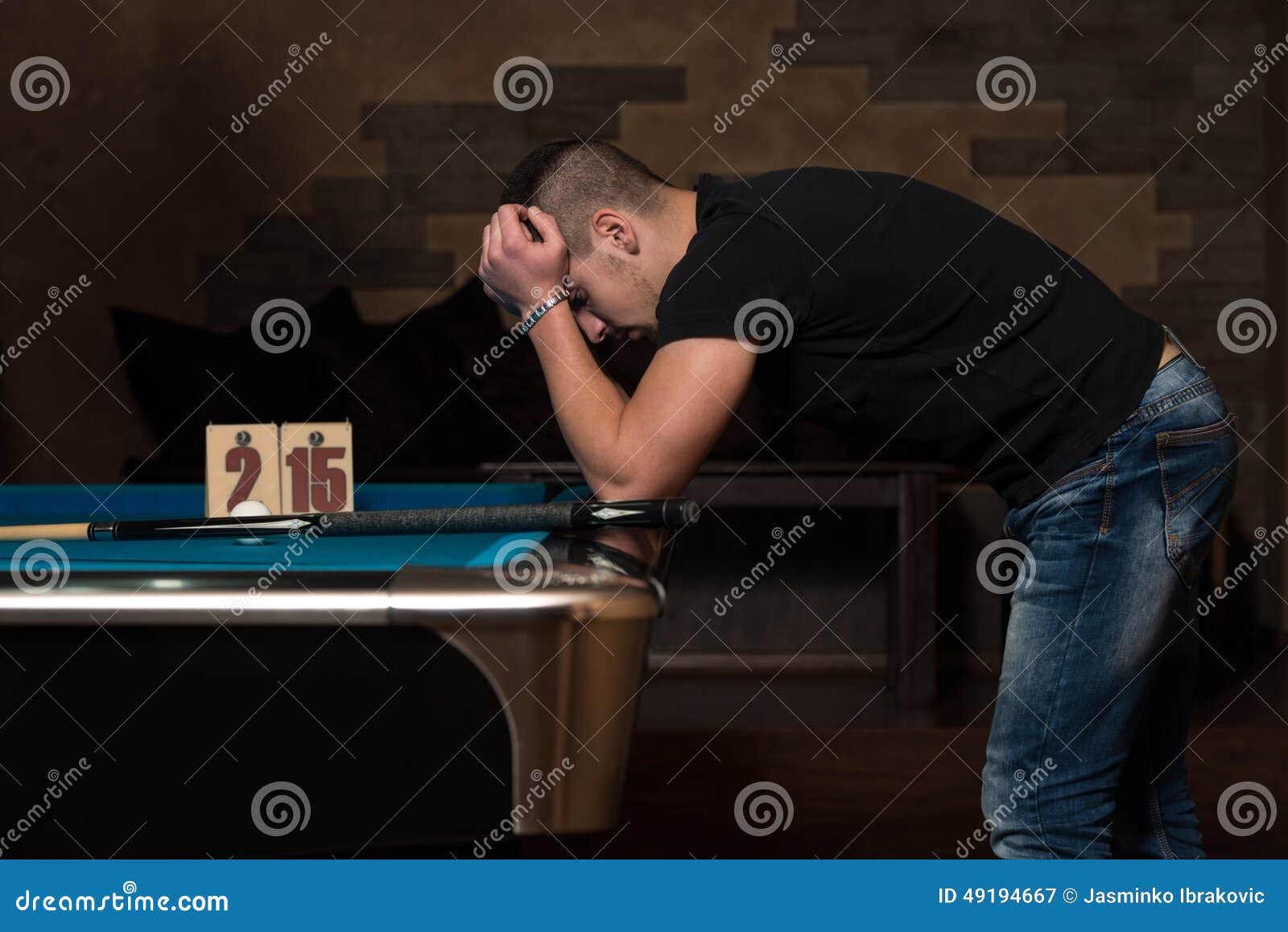 Young Man Looking Confused at Billiard Table Stock Image - Image of ...