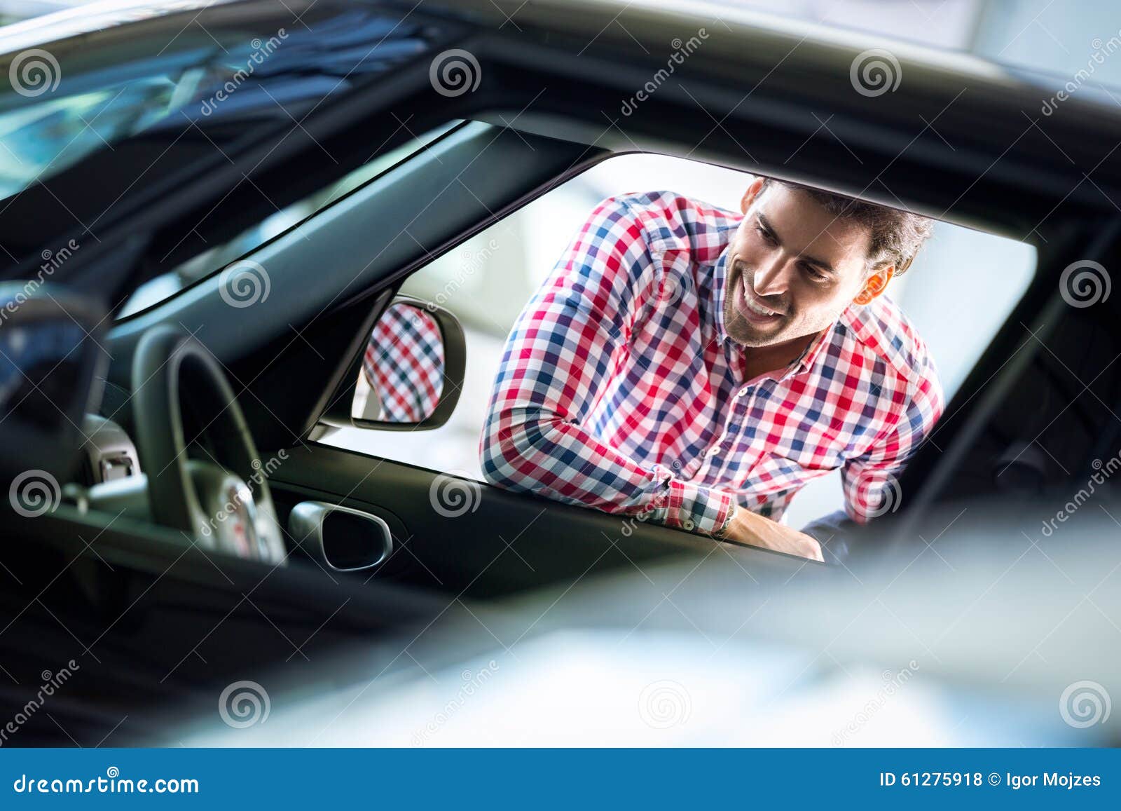 Young Man Looking in Interior of a New Car Stock Photo - Image of agent ...