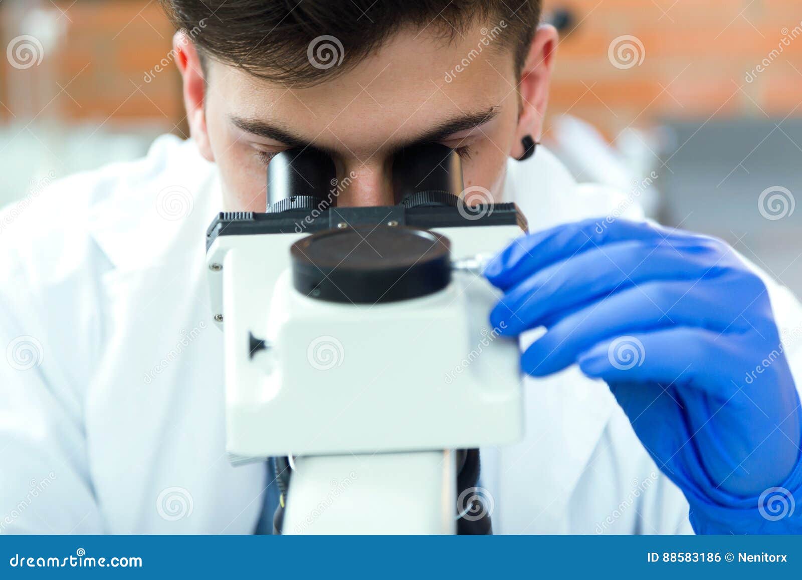 Young Man Looking through Microscope in Laboratory. Stock Photo - Image ...