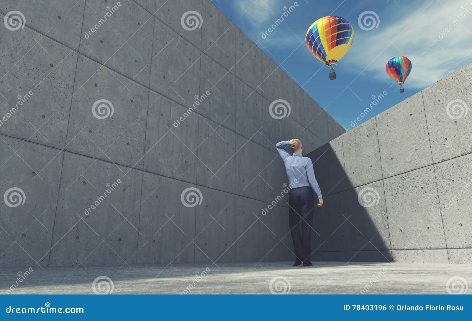 Young Man Looking Over Wall at Air Balloon Stock Illustration ...