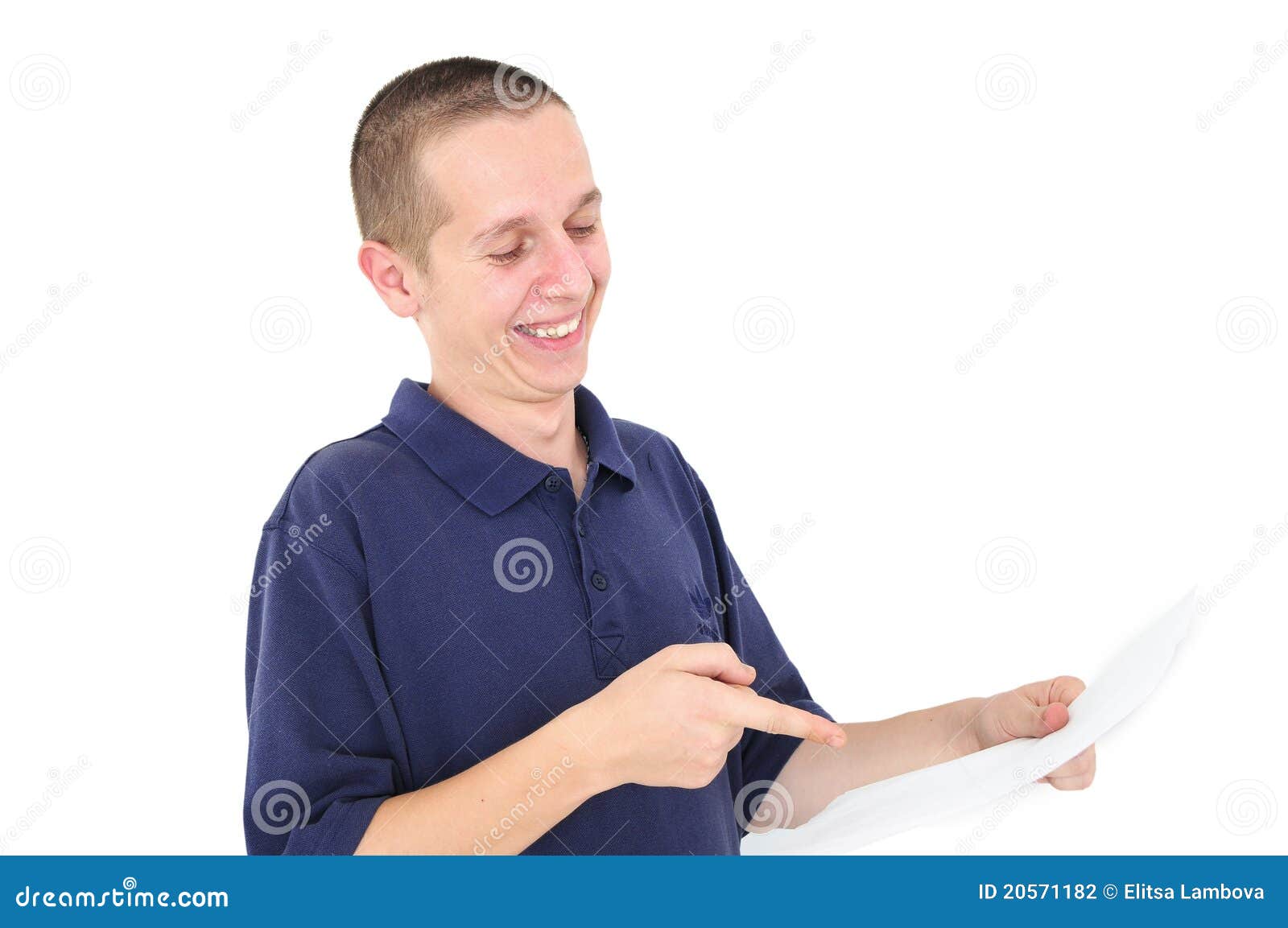 Young Man Looking at Paper Laughing Stock Photo - Image of portrait ...