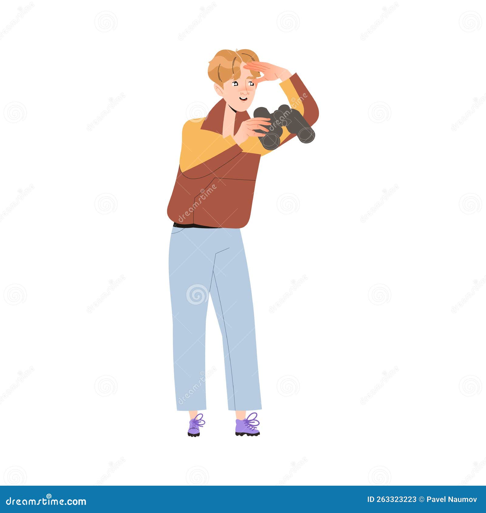 Young Man Looking at Something Interesting with Binoculars Vector ...