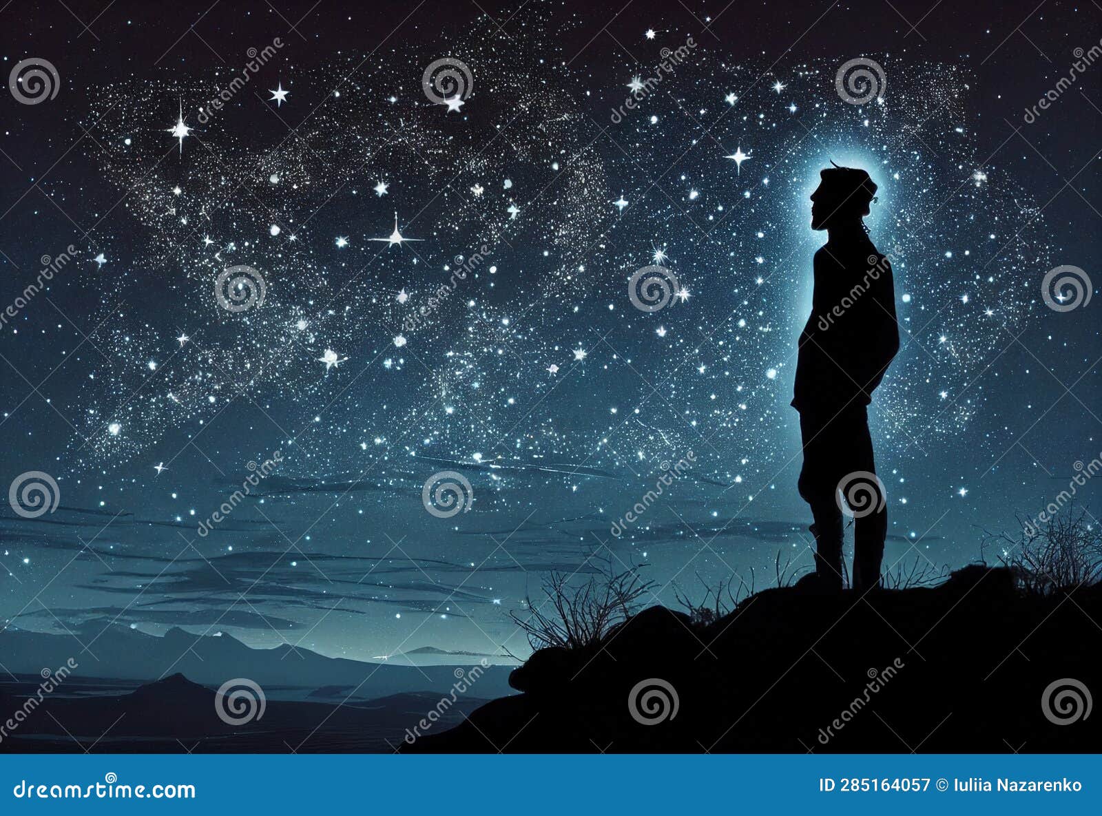 Young Man Looking at the Stars on Top of the Hill. AI Generated Stock ...