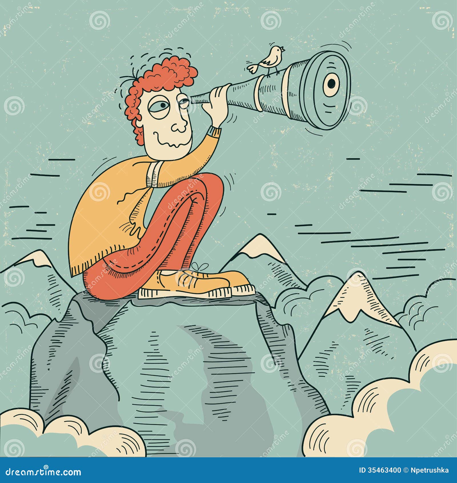 Young Man Looking through a Telescope and Sitting Stock Vector ...