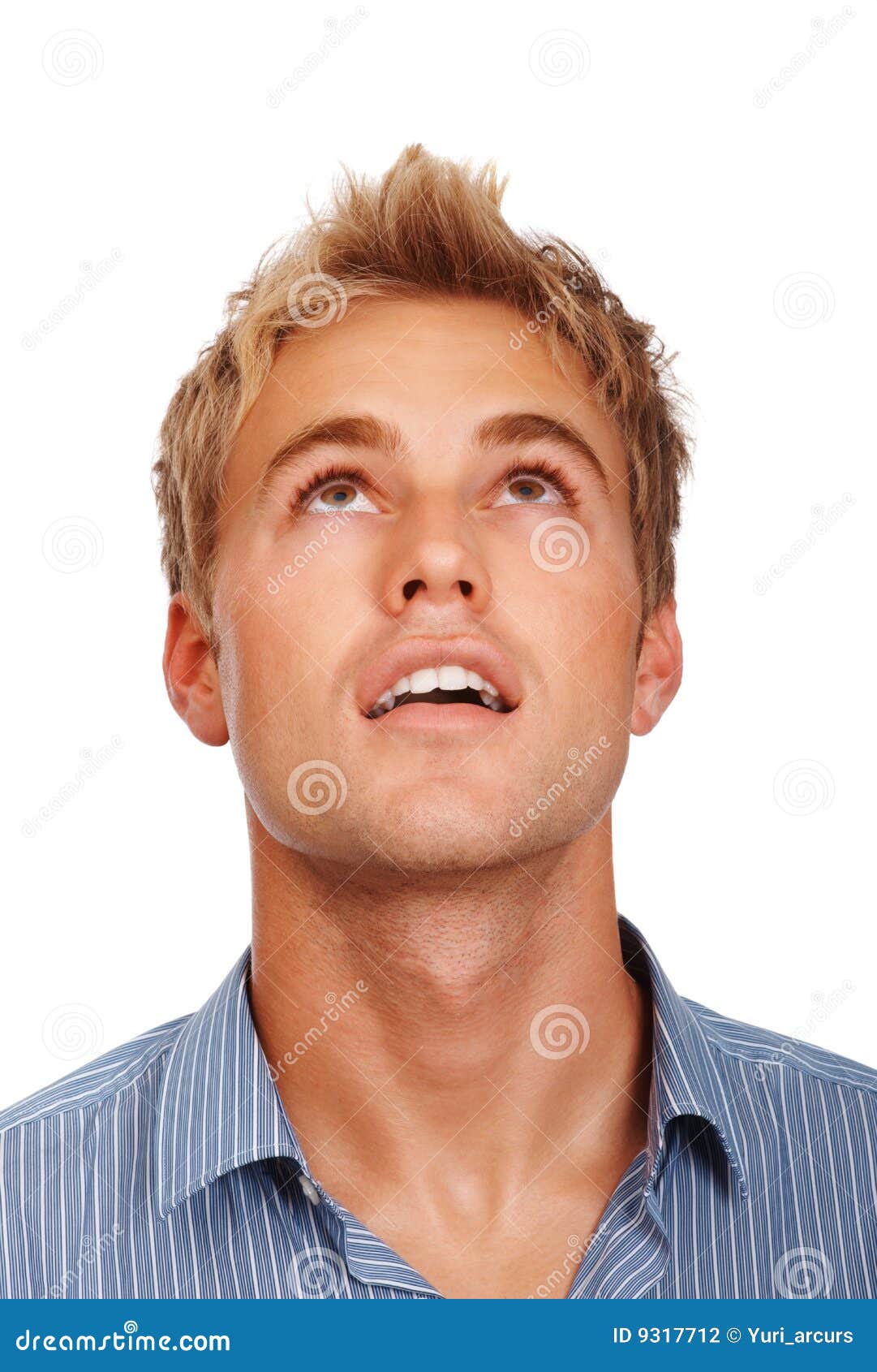 Young Man Looking Up Over White Background Stock Photo - Image of ...