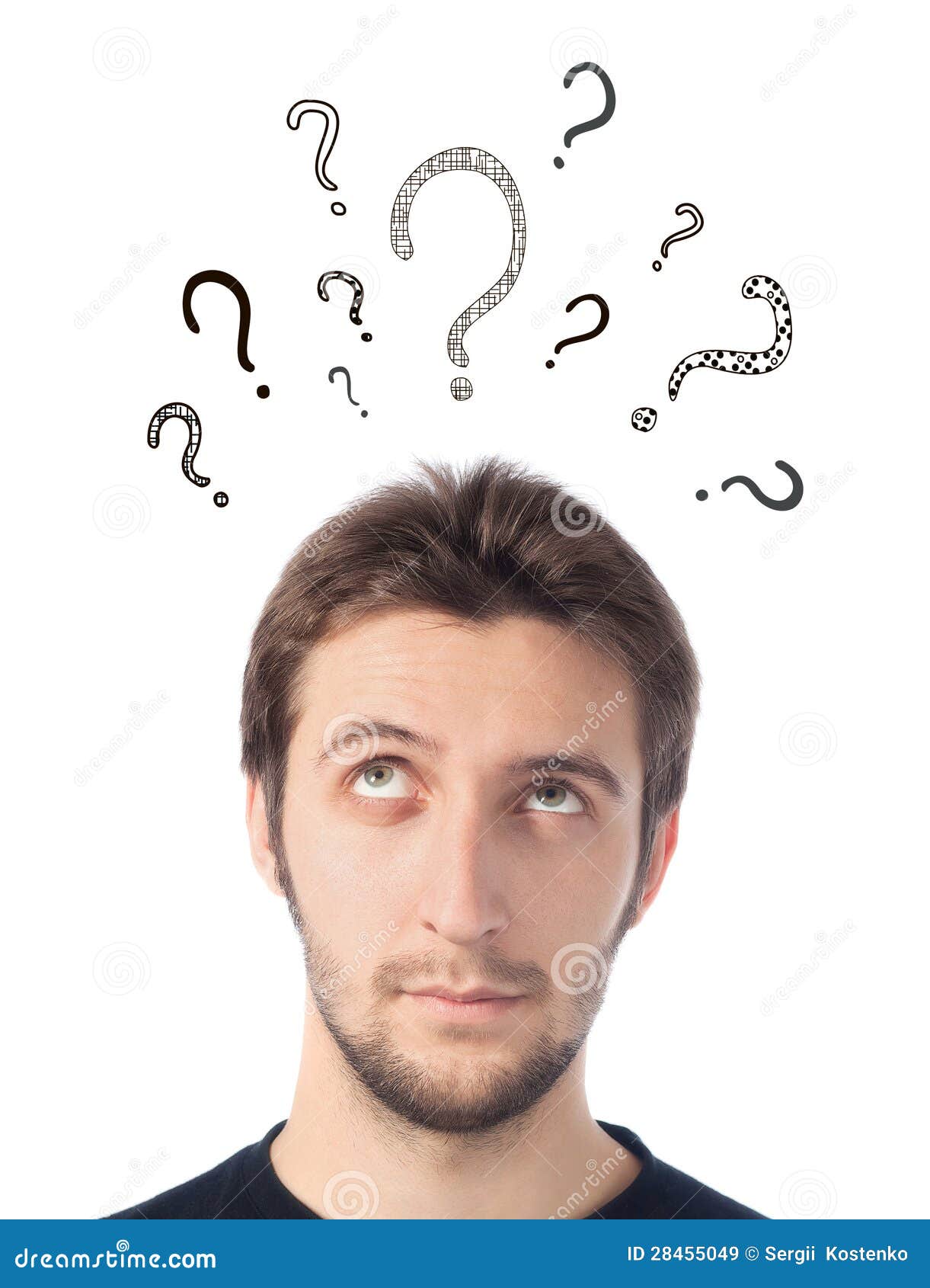 Young Man Looking Up with Question Marks Stock Image - Image of manager ...