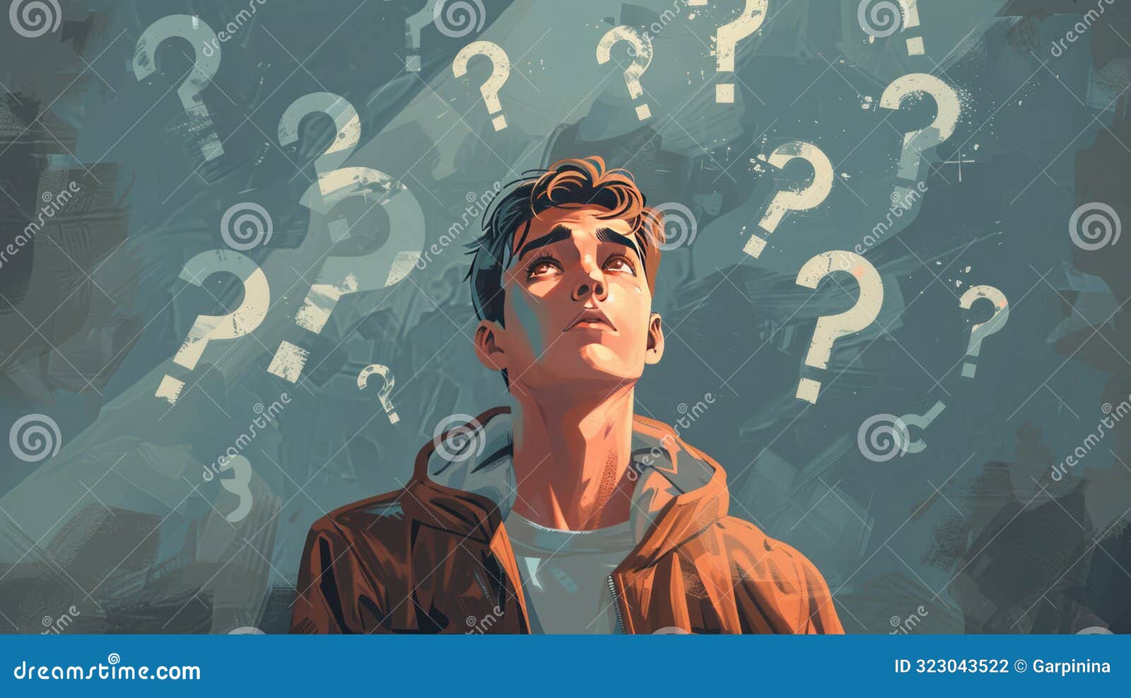 Contemplative Young Man with Question Marks Stock Illustration ...