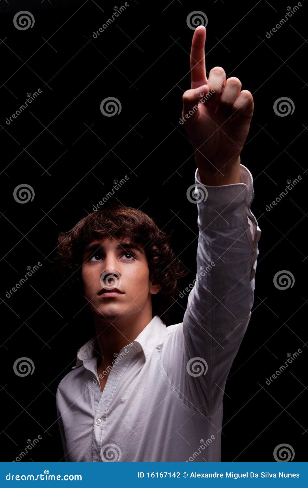 Young Man Looking Up To the Light and Pointing Stock Photo - Image of ...