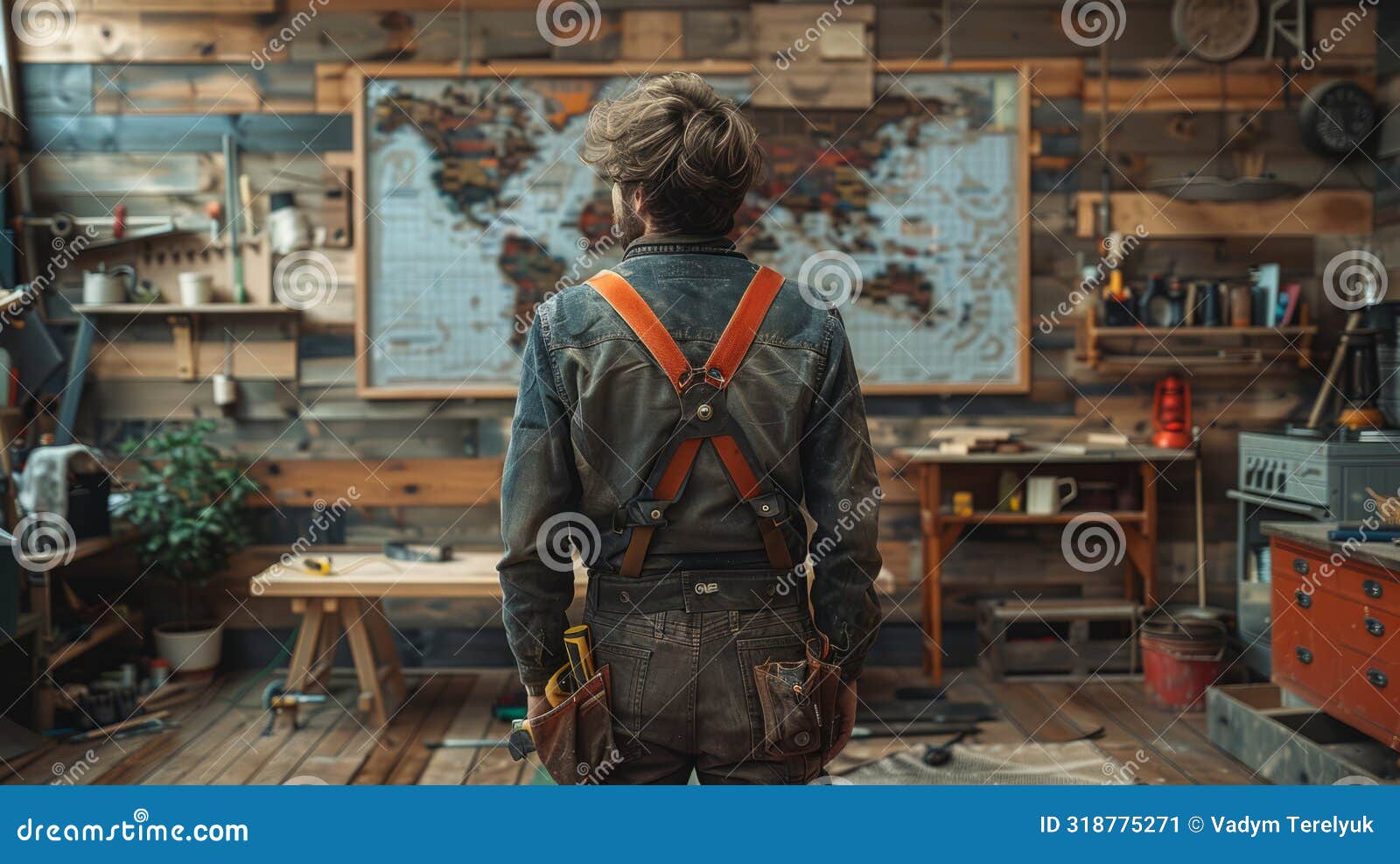 Young Man is Looking at the World Map in Workshop Stock Image - Image ...