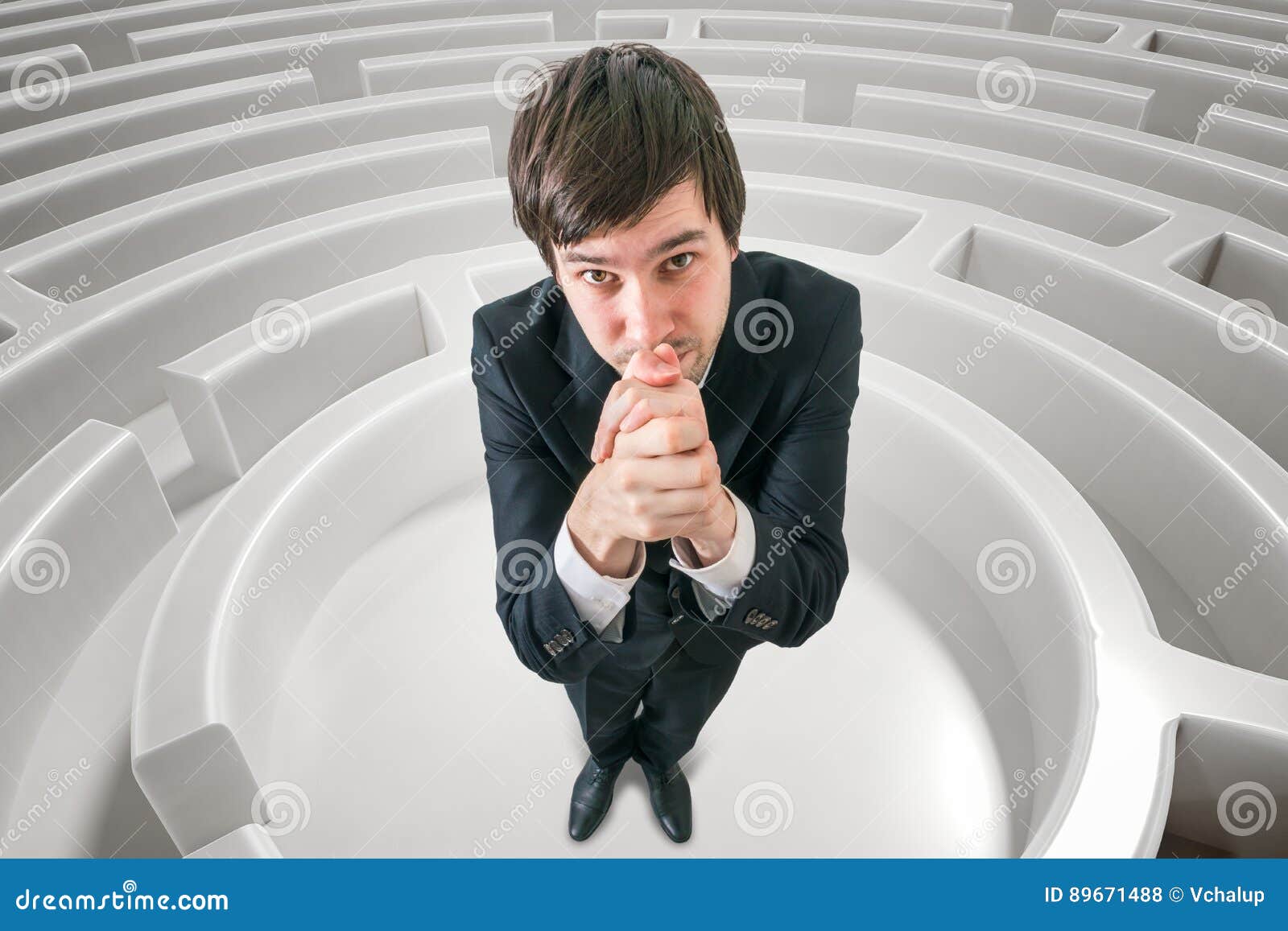 Young Man is Lost in Maze and is Asking for Help To Find Exit. 3D ...