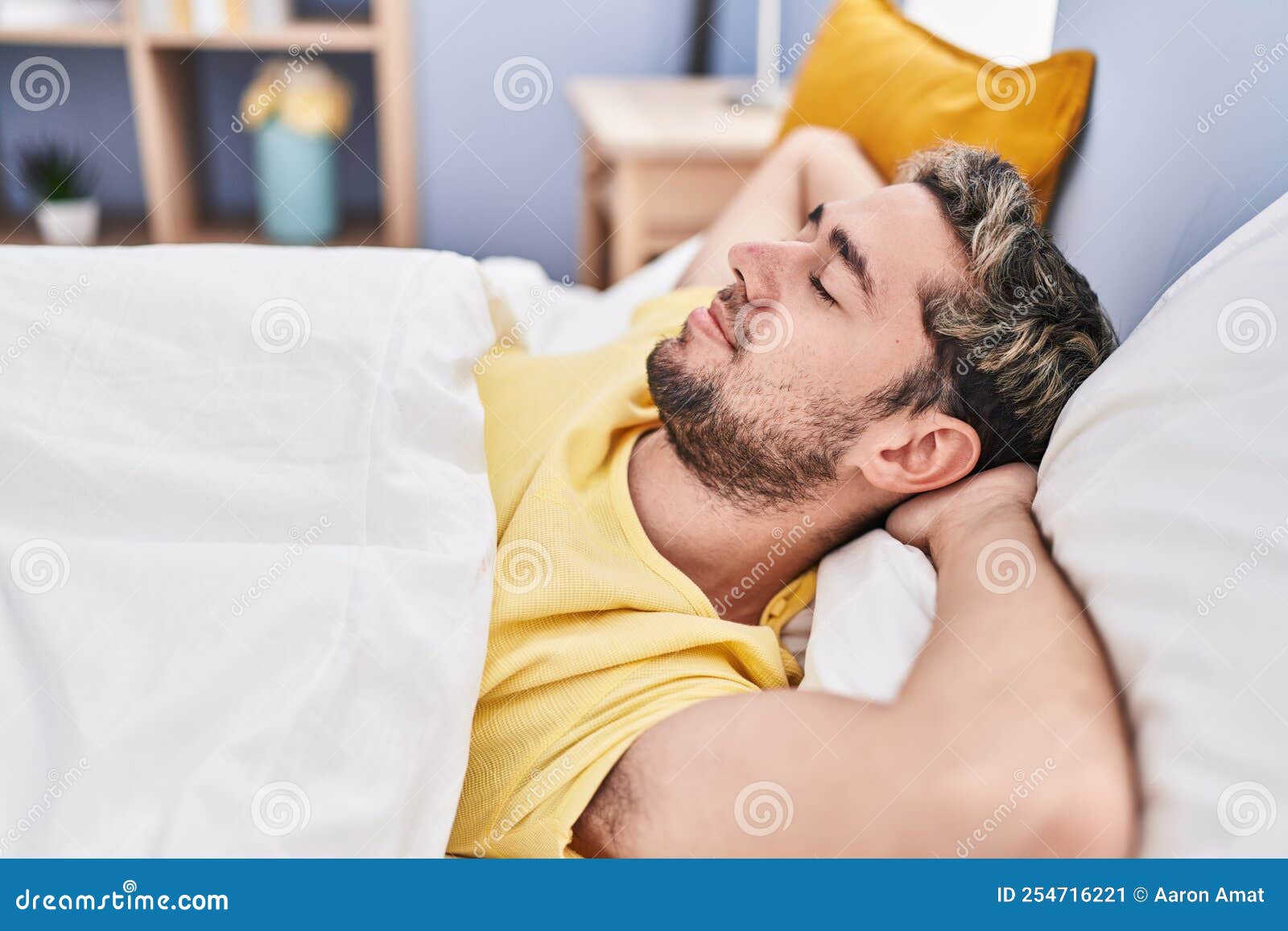 Young Man Lying on Bed Sleeping at Bedroom Stock Image - Image of ...