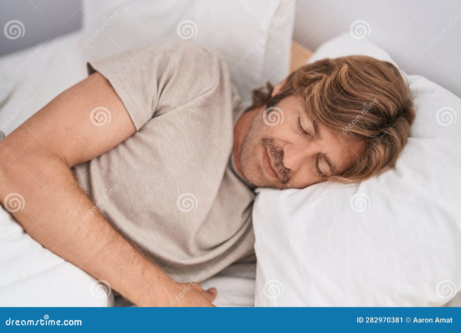 Young Man Lying on Bed Sleeping at Bedroom Stock Image - Image of young ...
