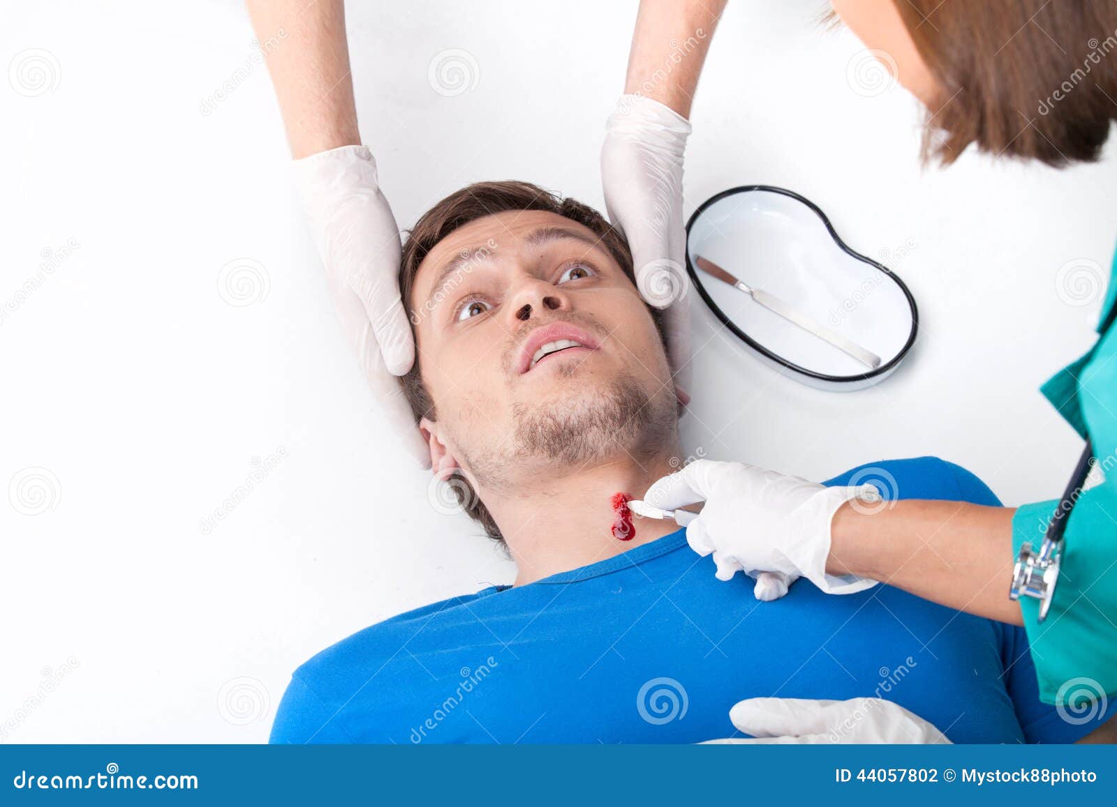Young Man Lying on Floor with Blood on Neck. Stock Photo - Image of ...