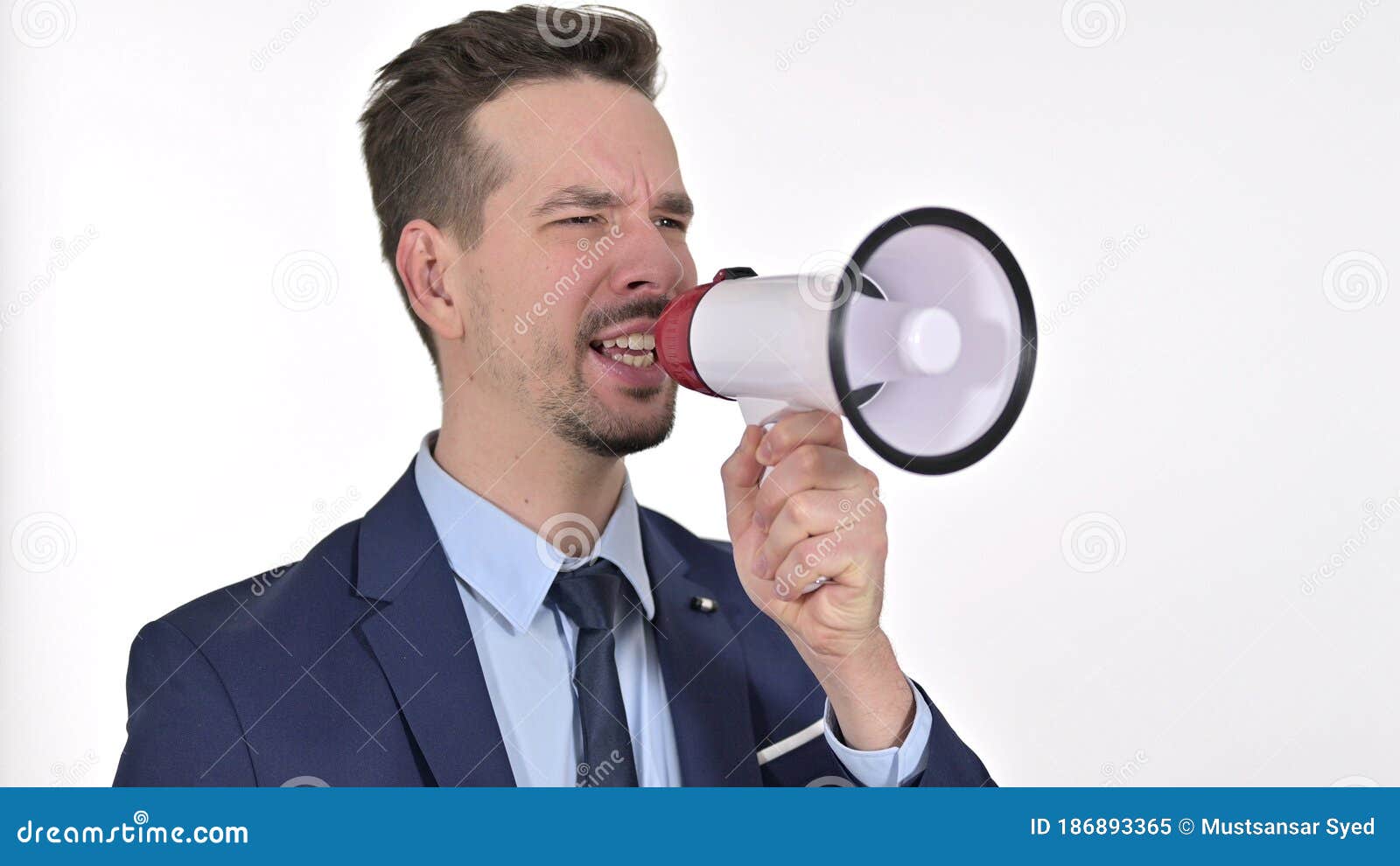 Young Man Making Announcement on Loudspeaker , White Background Stock ...